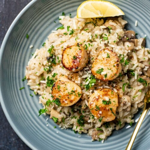 Lemon Butter Scallops Over Parmesan Risotto - Kitchen Swagger